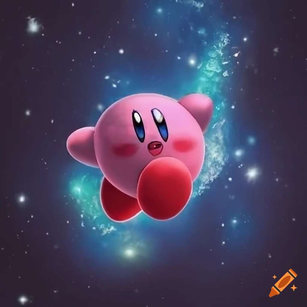 Kirby flying on a star in space on Craiyon