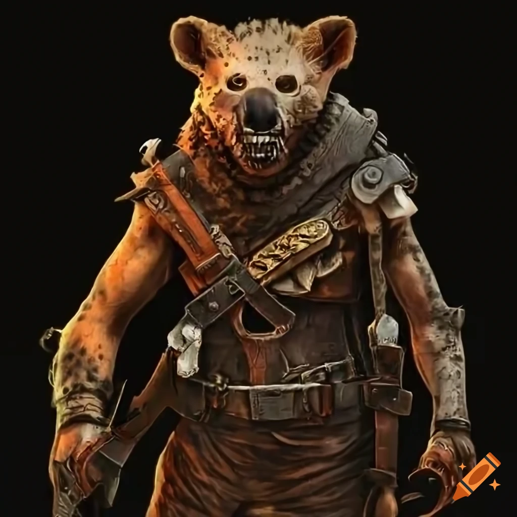 Hyena-headed humanoid post-apocalyptic mercenary with rifle and machete ...