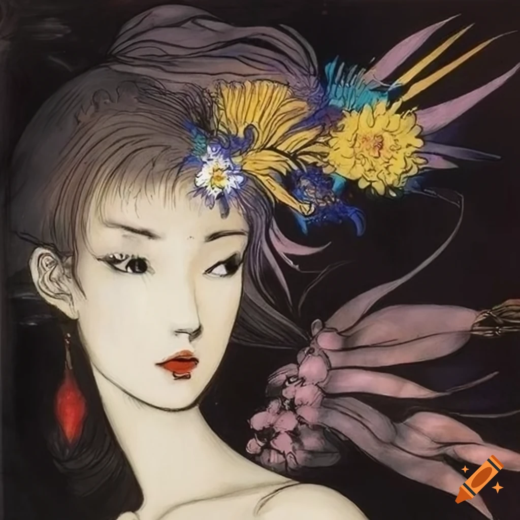 Portrait of a woman with a flower on her forehead in the fantastic ...