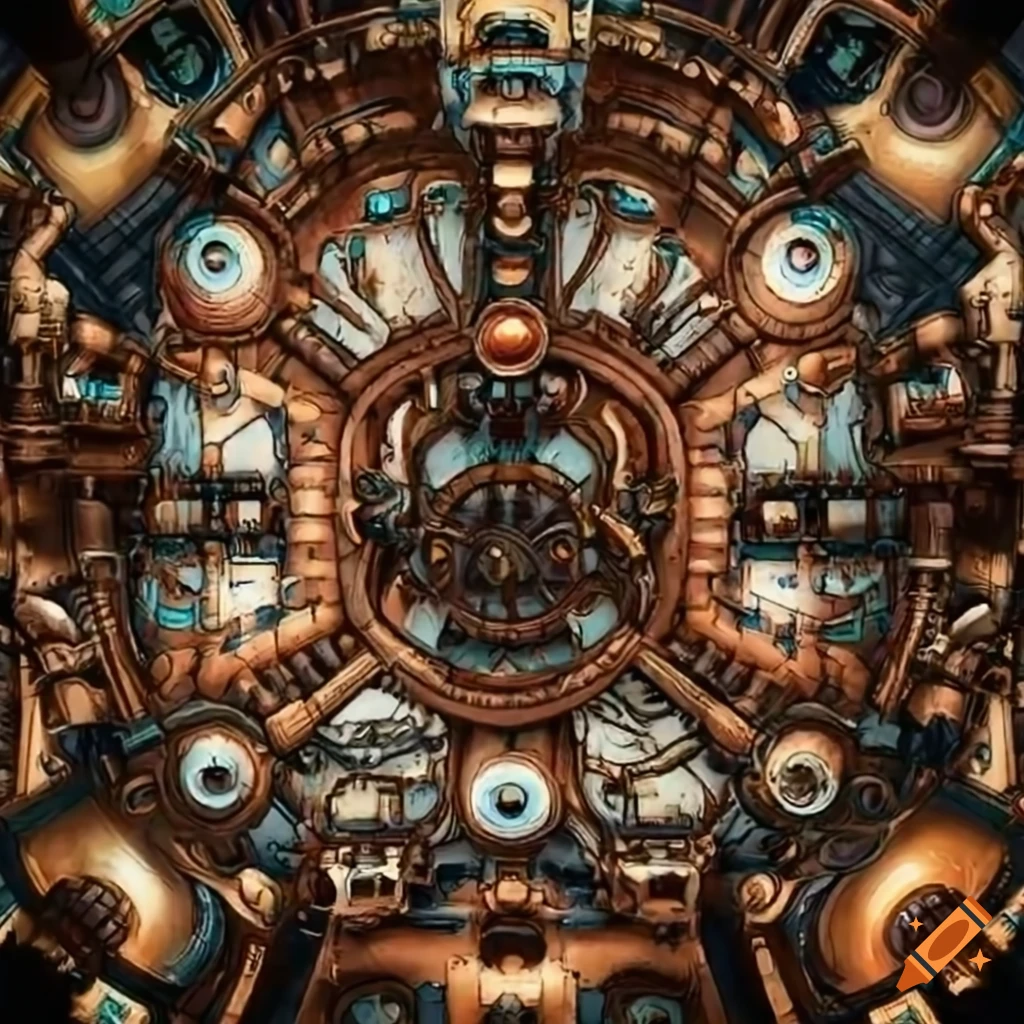 Intricately designed steampunk engine room from a top-down view on Craiyon