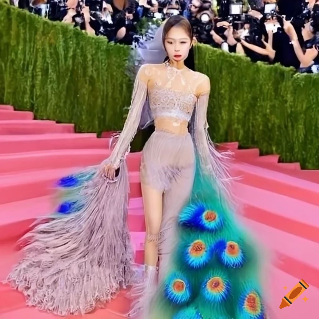 Blackpink Jennie in a Peacock bird themed outfit at MET Gala on Craiyon