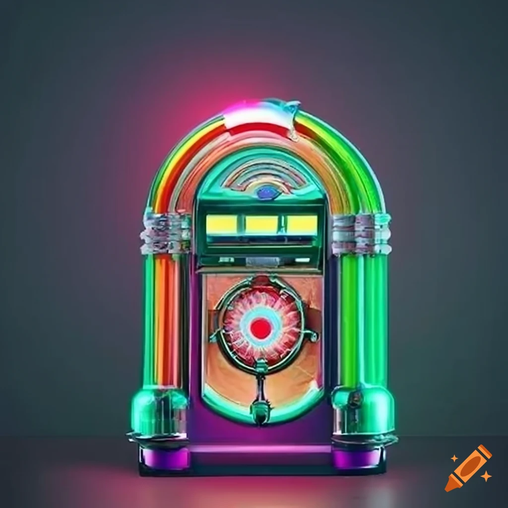Futuristic retro-style jukebox with metallic green body and neon ...