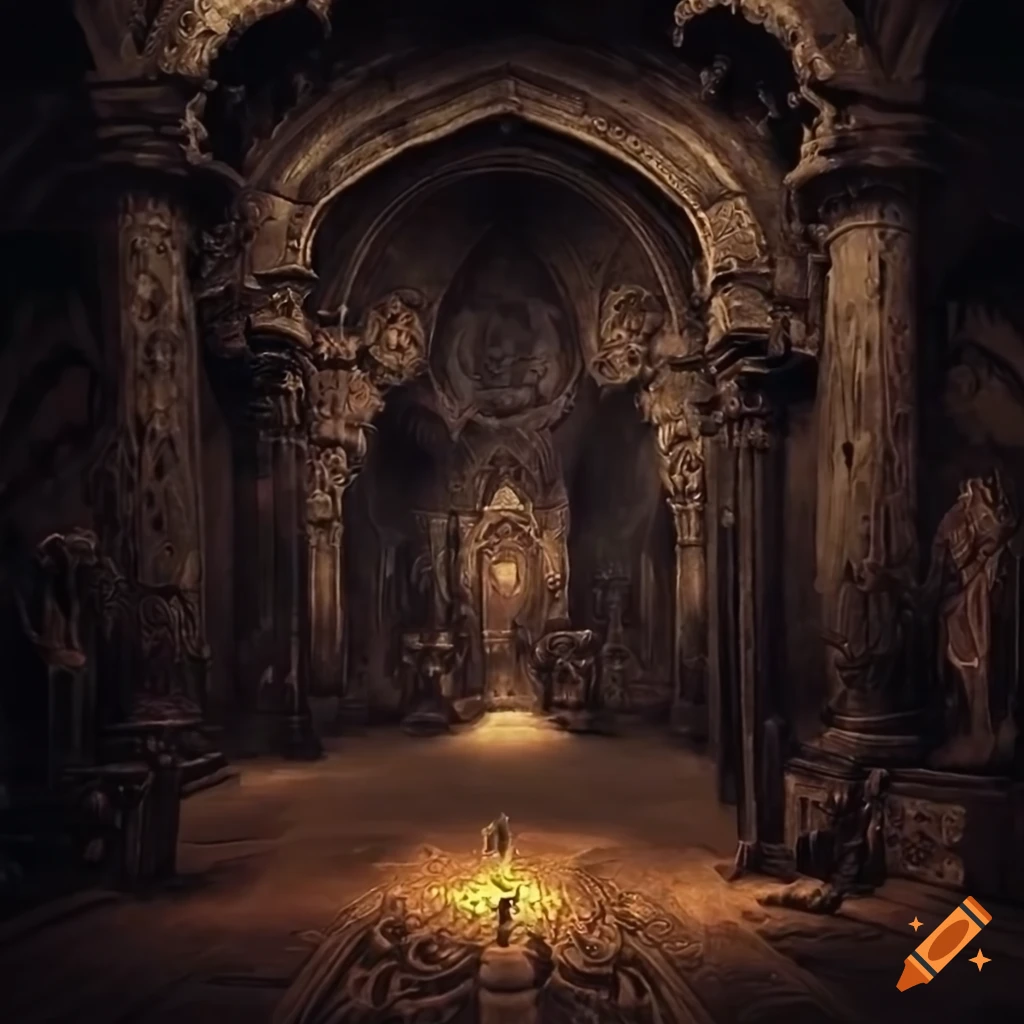 Dark temple interior with symbols of Warhammer's Morr, God of the Dead ...