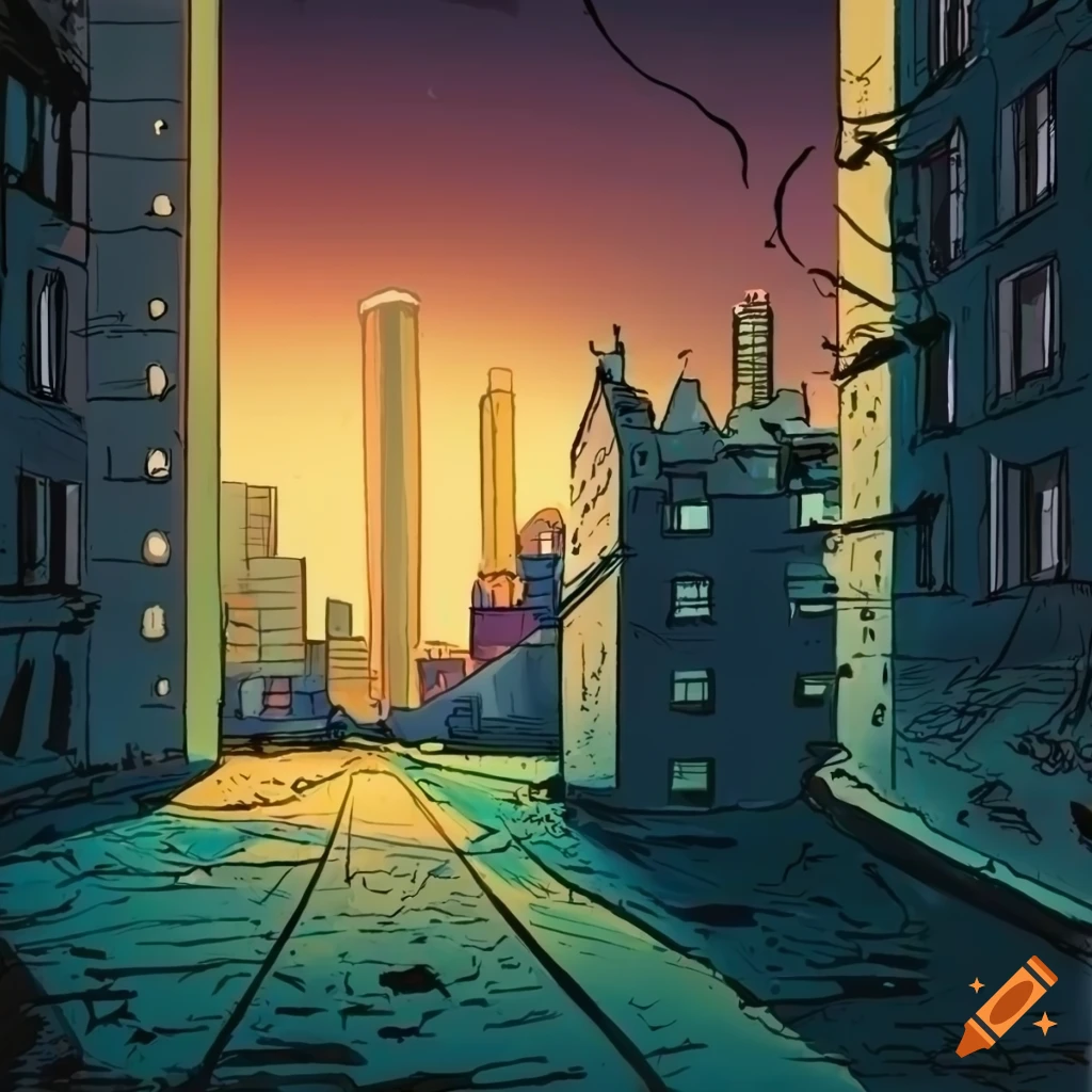 Comic book illustration of a quiet urban environment on Craiyon