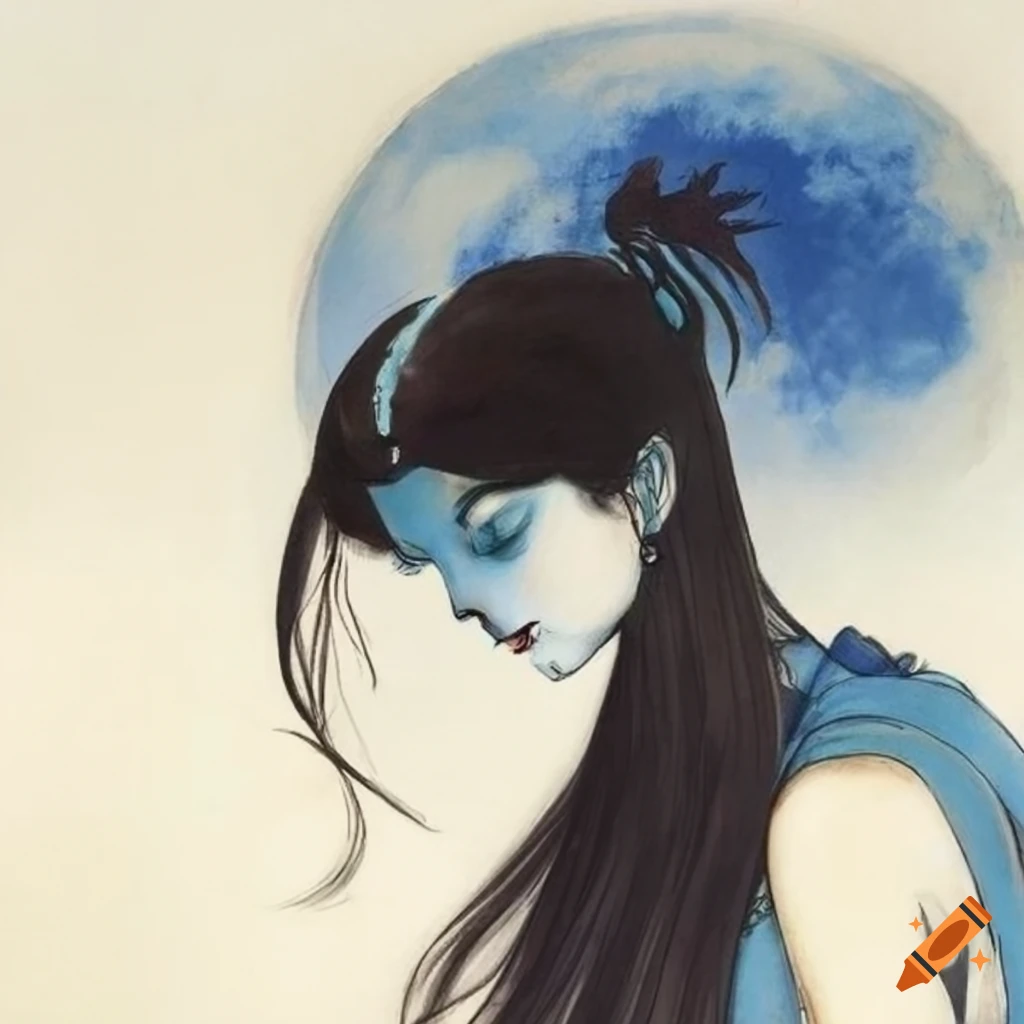 Bright cyan woman with a moon in the background in the style of ...