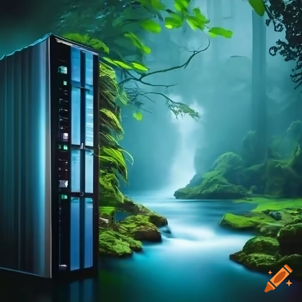 Computer server streaming in a nature setting on Craiyon