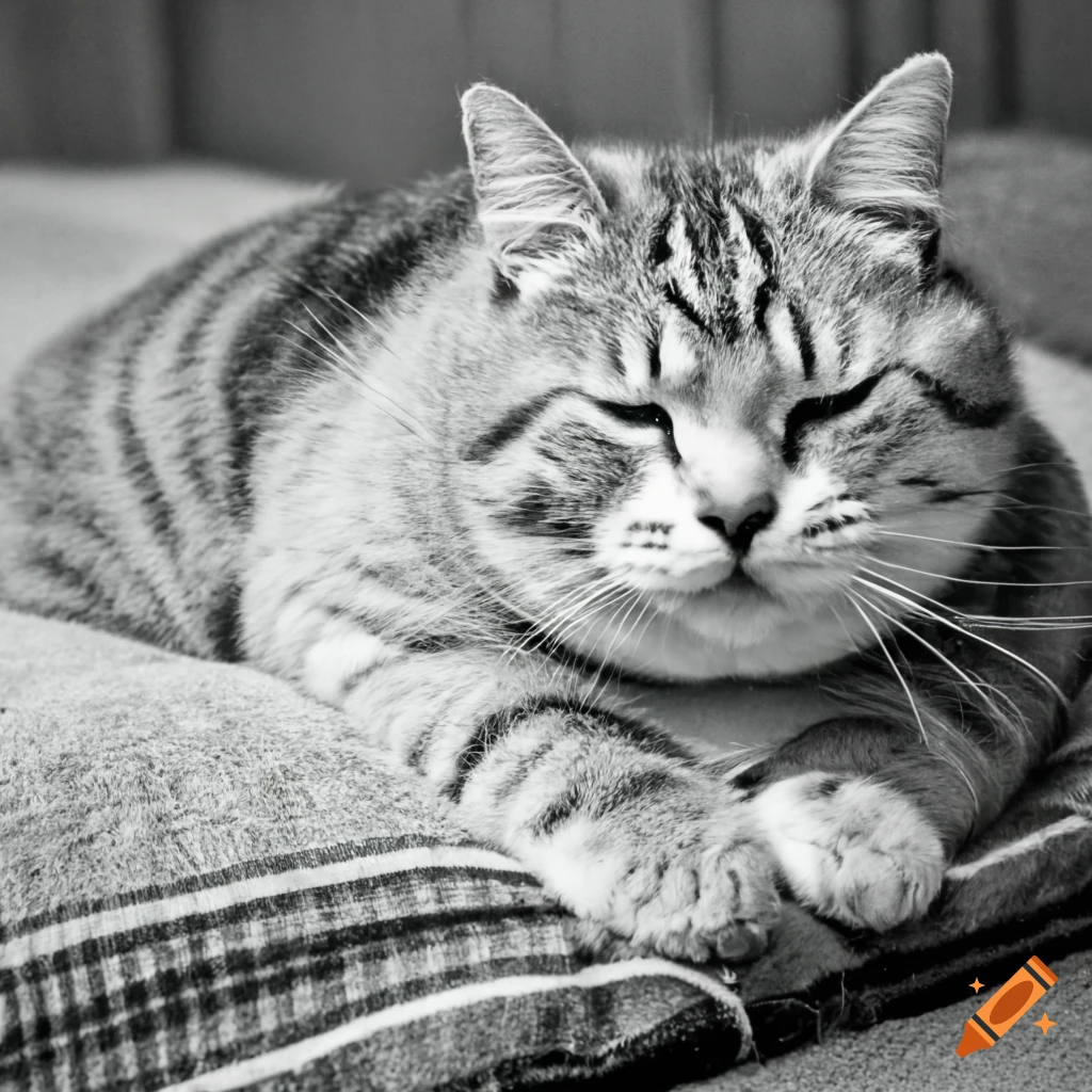 Cute fat cat sleeping on a pillow in analog photo on Craiyon