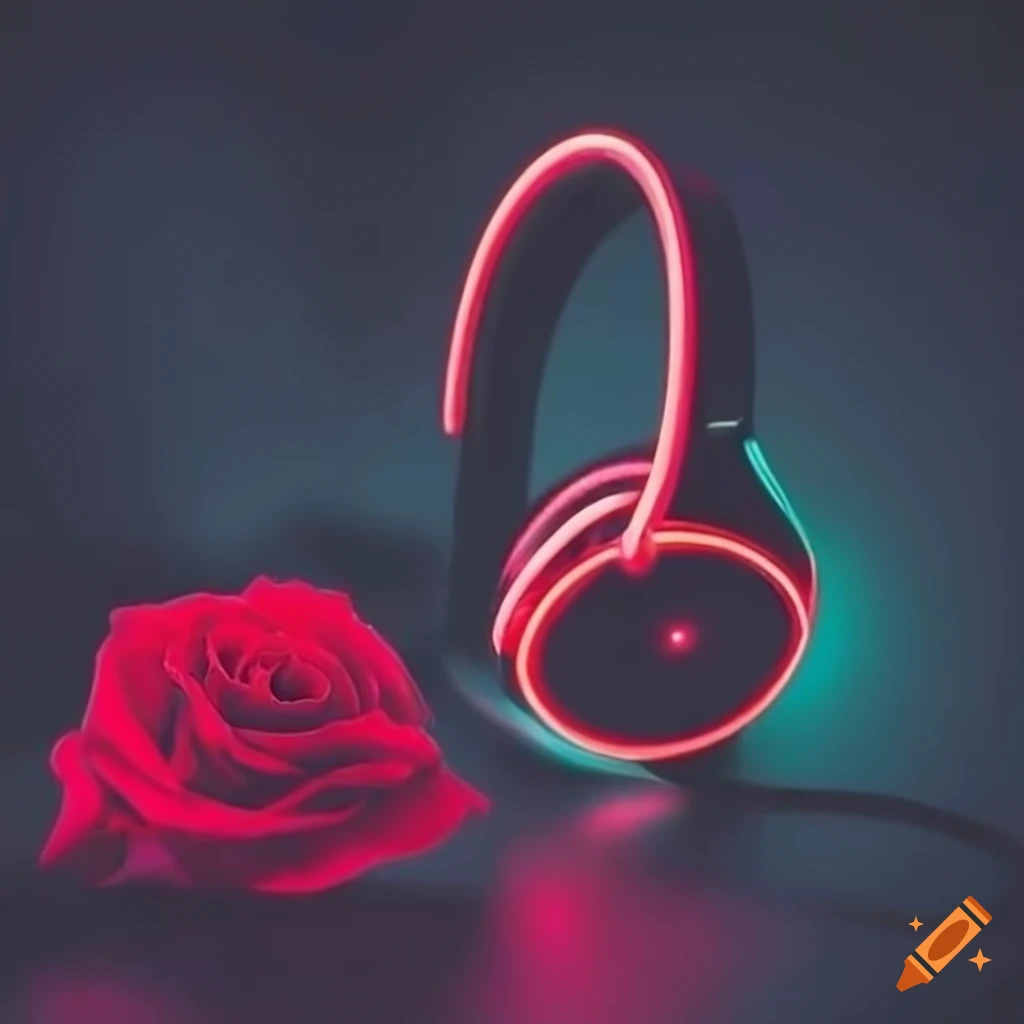 Red neon headphones and gaming mouse with roses on black background on ...
