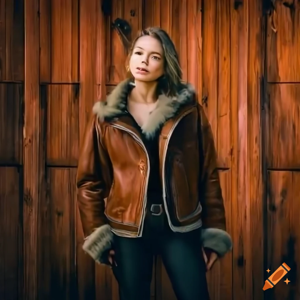 Singer Monica Irimia lookalike in brown sheepskin bomber jacket and ...