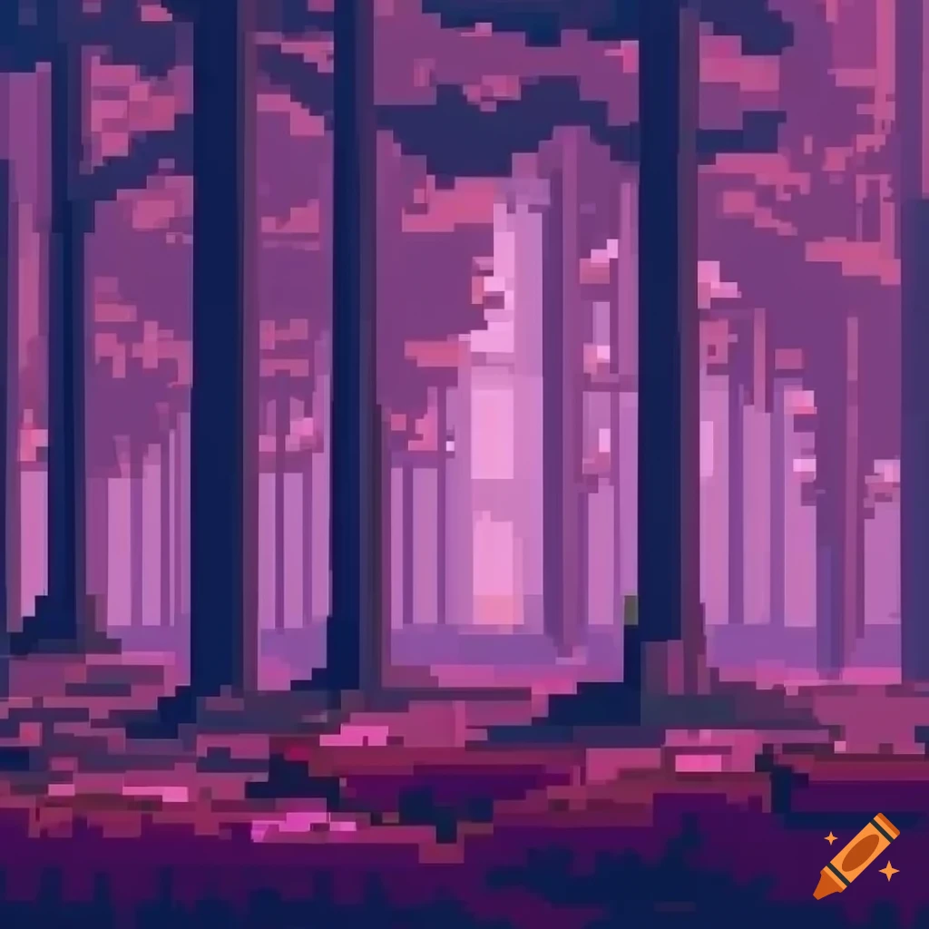 Pixel art of lush forest landscape with deep red magenta colors on Craiyon