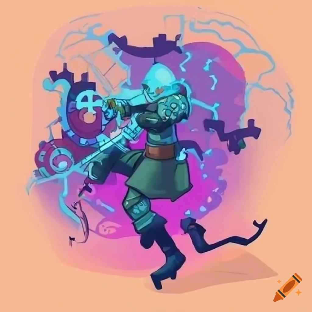 Cartoon DnD scene with moving gears, glyphs, and lightning during a ...