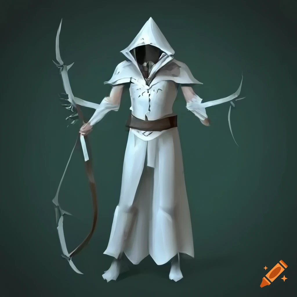 Broody fantasy elf ranger in white leather armor and hooded cloak on ...