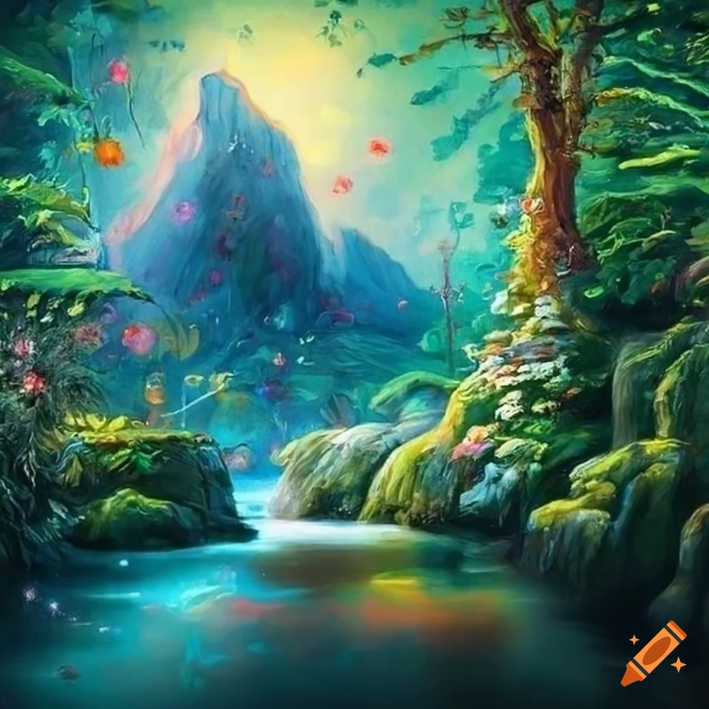 Enchanting rococo painting of a jungle mountain with fairy lights and ...