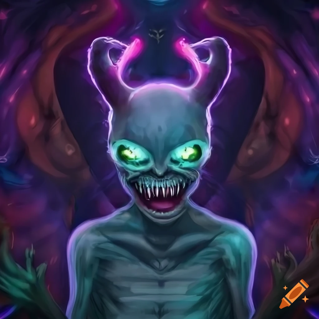 Evil alien with glowing eyes and horns in a mystical anime background ...