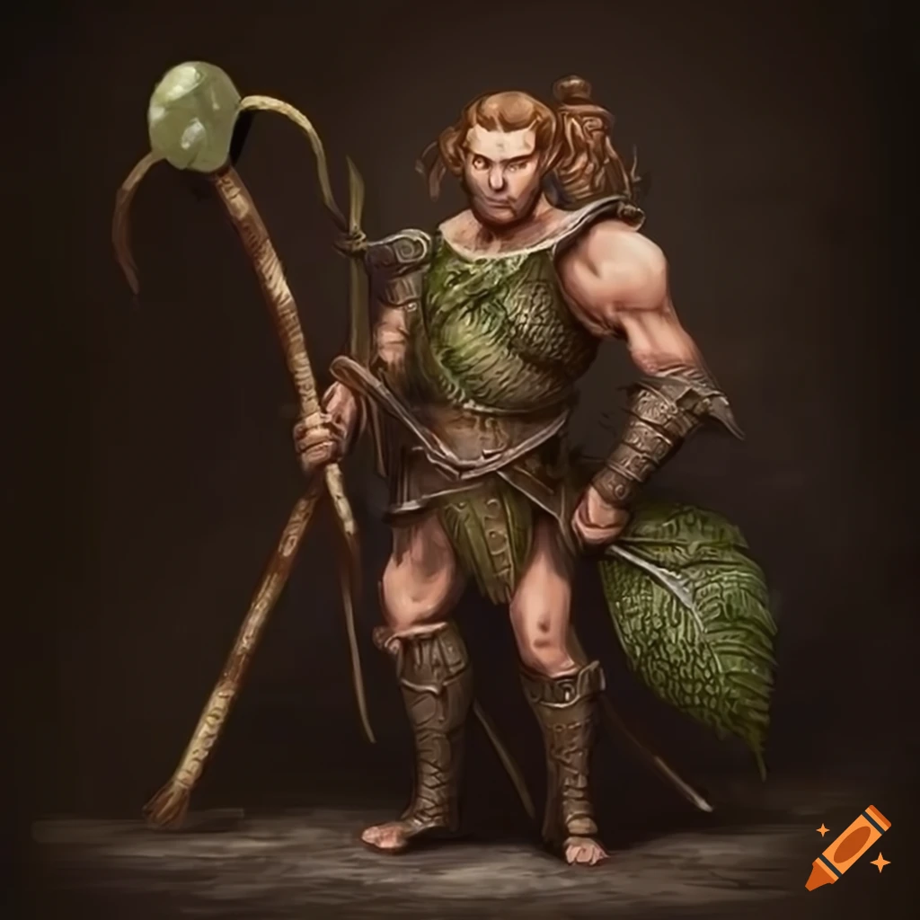 Male warrior with ferns and vines adorned armor holding a magical ...