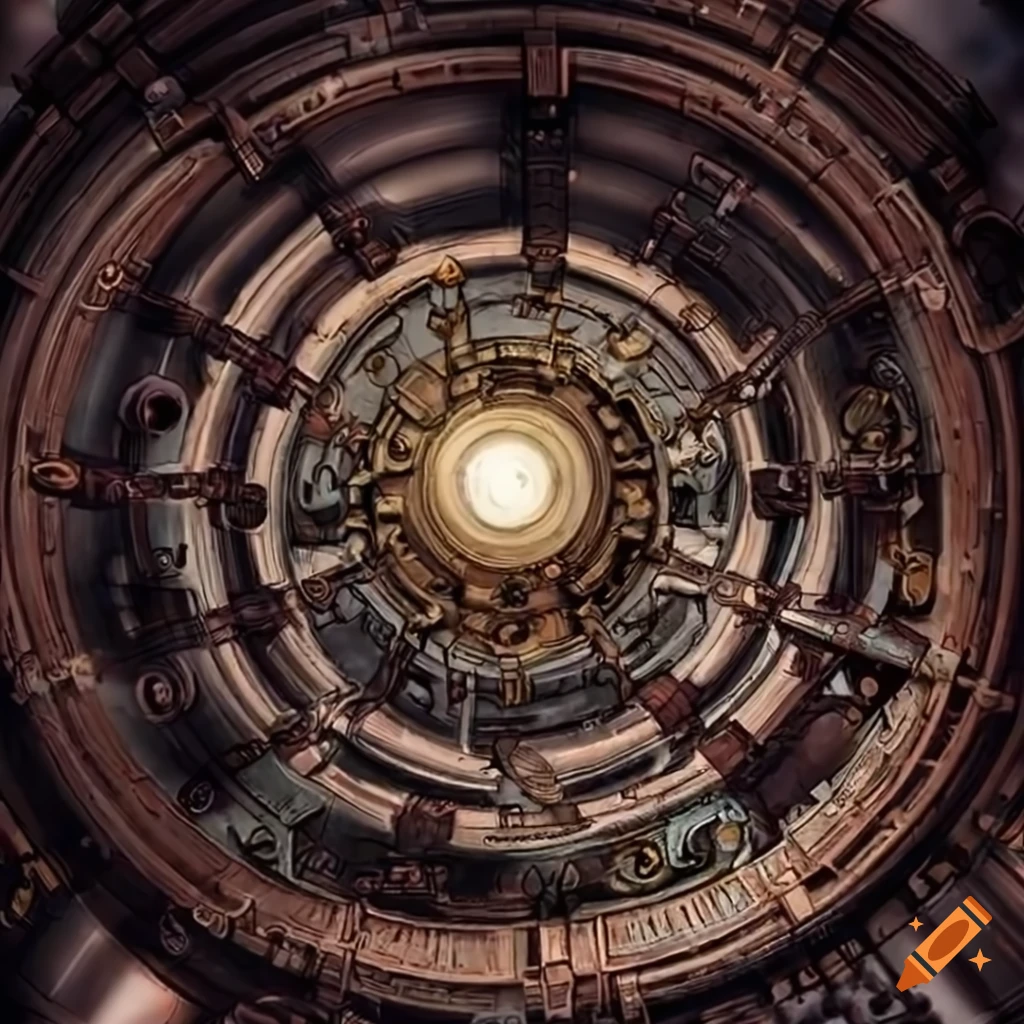Intricately designed steampunk engine room from a top-down view on Craiyon