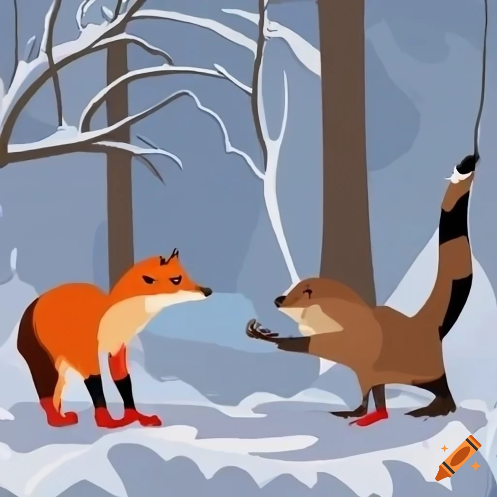 Snow scene with a fox and otter playing by a stream in animated style ...