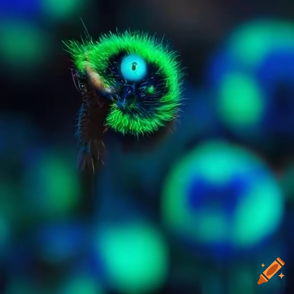 Blue forest with glowing green fuzzy creatures with eyes on Craiyon