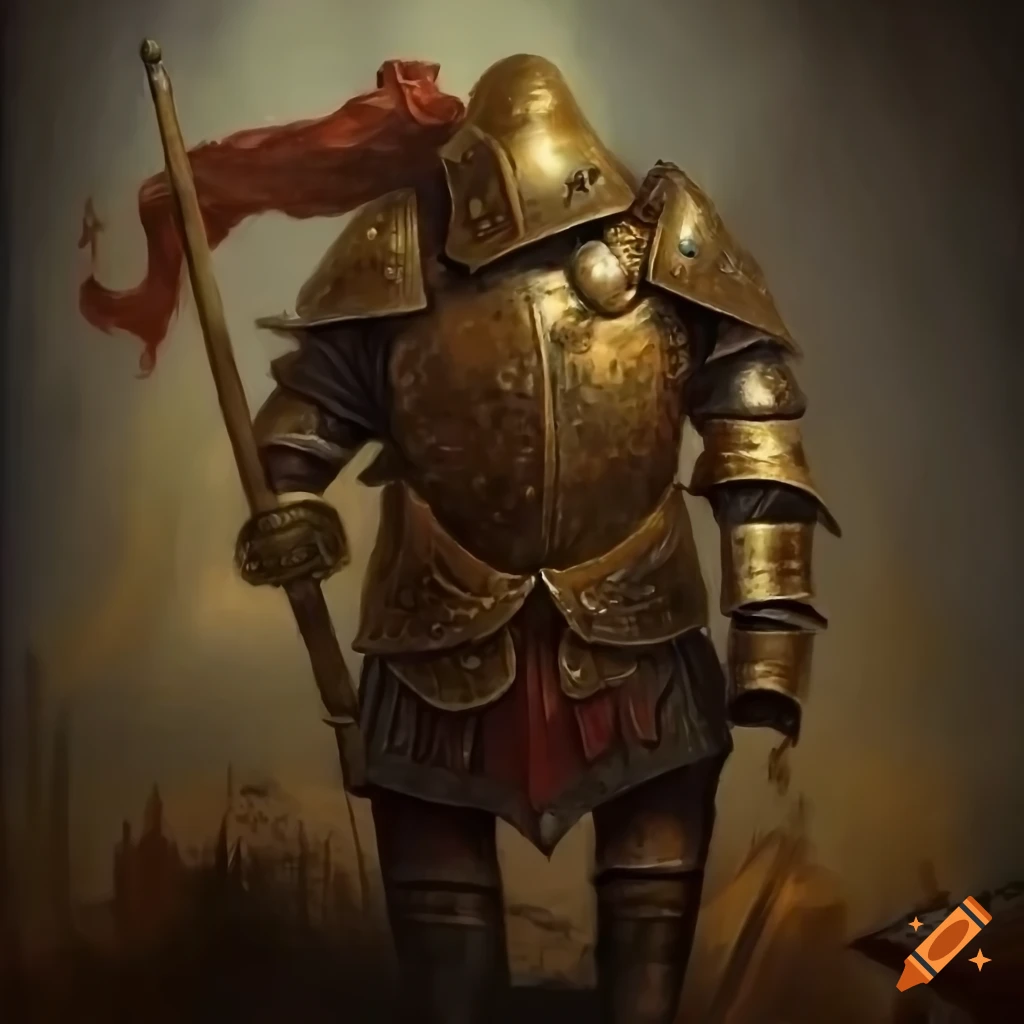 Detailed oil painting of dwarven bronze plate armour on Craiyon