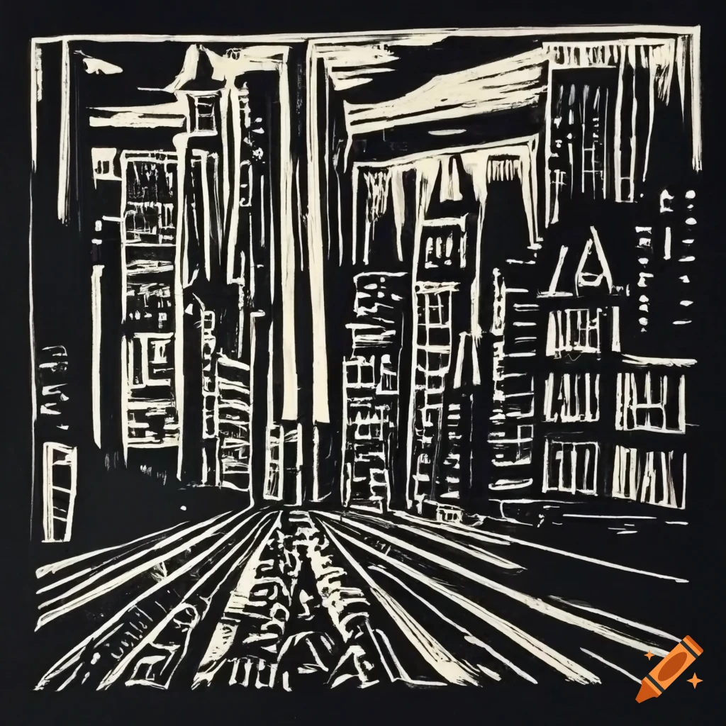 Dramatic black and white cityscape in linocut style on Craiyon