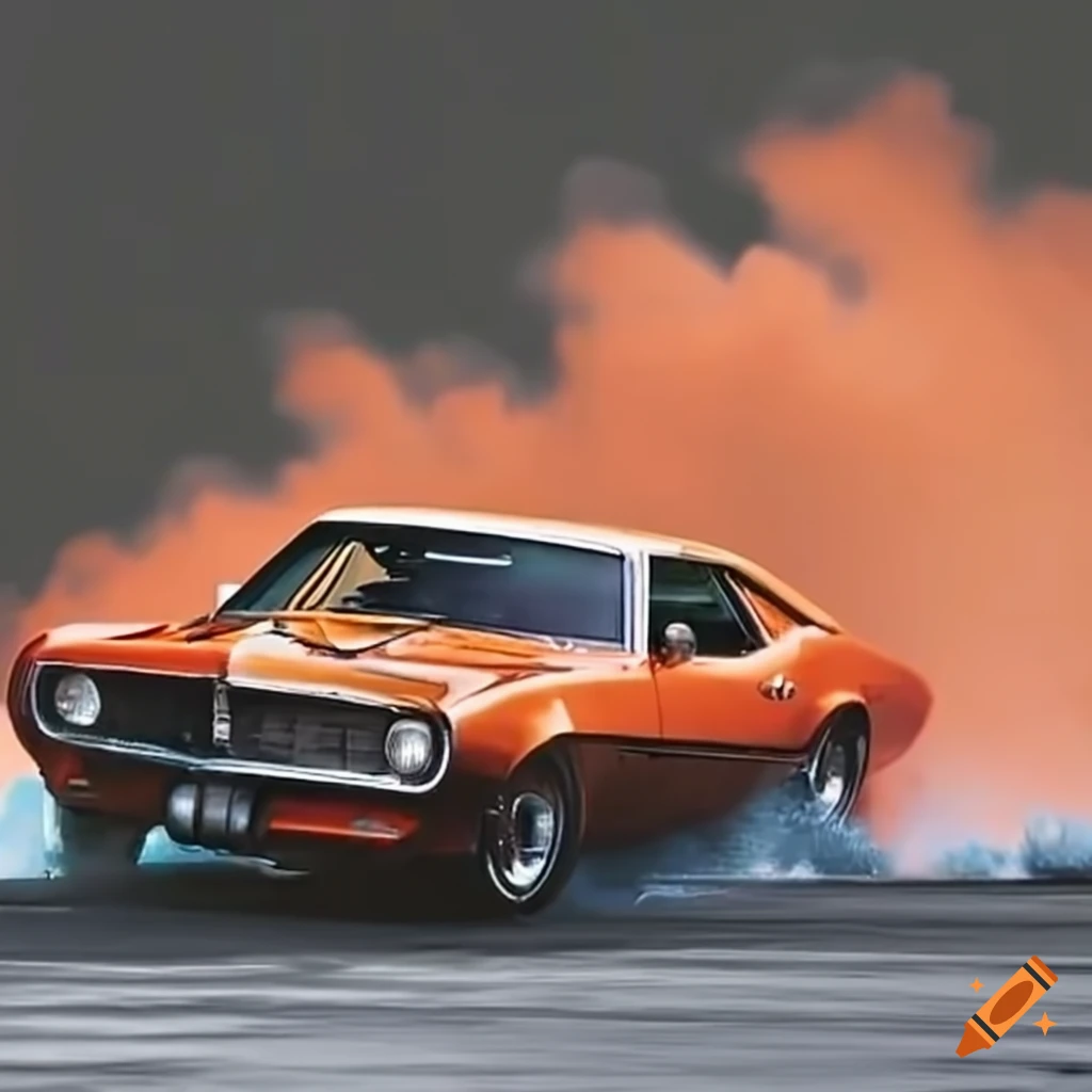 1968 Trans Am bright orange car doing a burnout on Craiyon