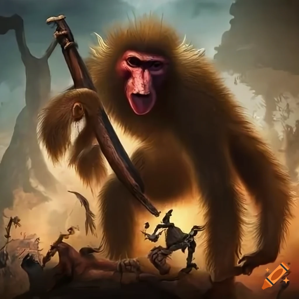 Battle scene of strong baboons defending their territory on Craiyon