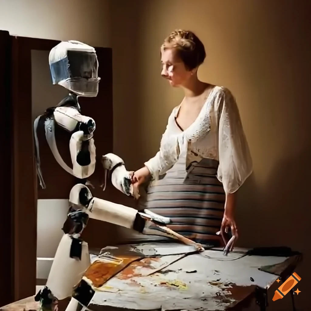 Human painter with a friendly robot admiring her work on Craiyon