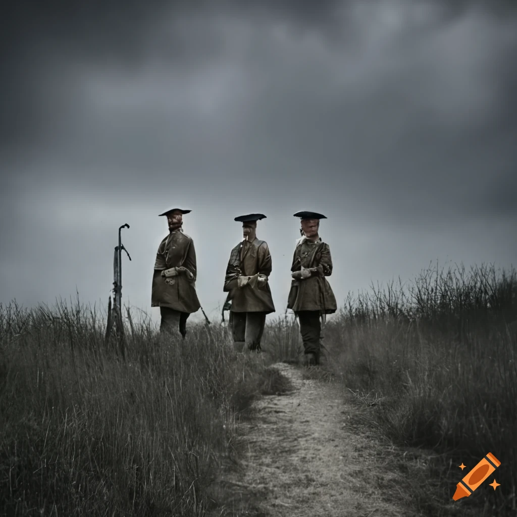 WW1 soldiers standing on a dirt path under a dark cloudy sky on Craiyon