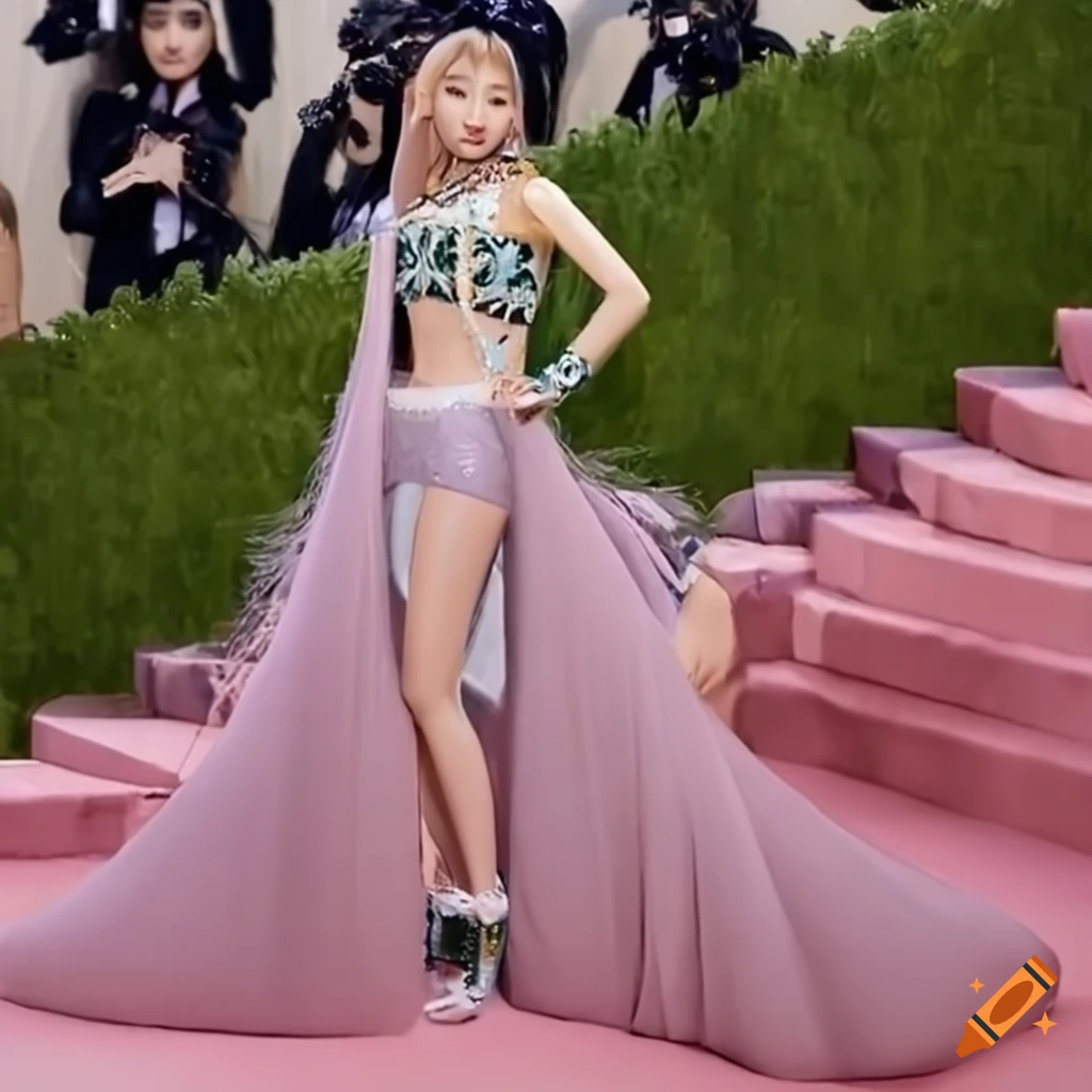 Twice Sana in Tribal Geometrics full body outfit at Met Gala theme on Craiyon