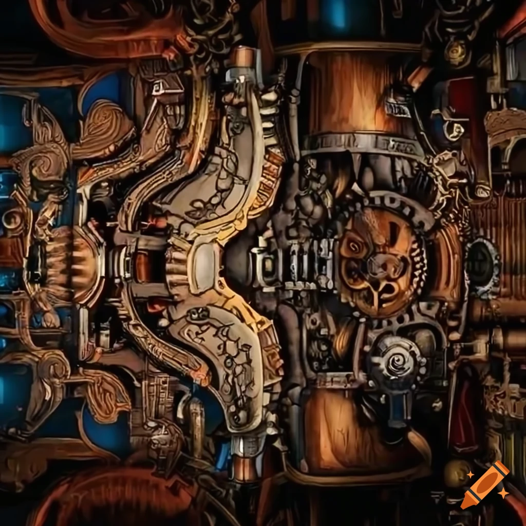 Intricately designed steampunk engine room from a top-down view on Craiyon