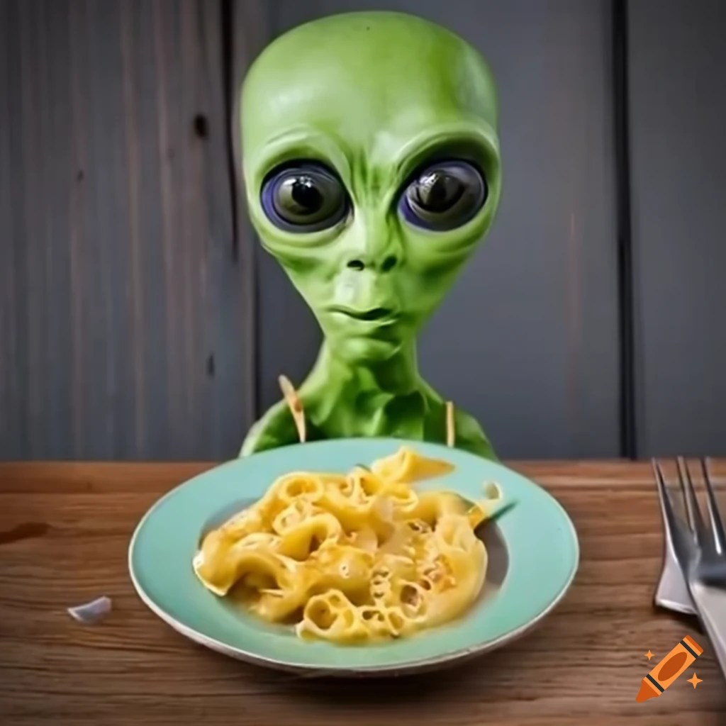Funny green alien enjoying macaroni and cheese on Craiyon