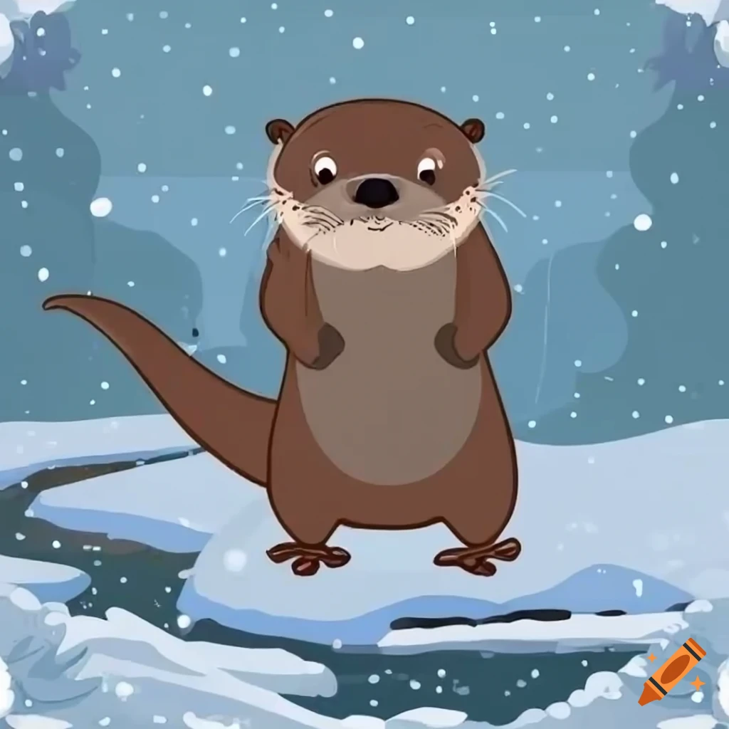 Cute animated otter playing near icy stream in winter landscape on Craiyon