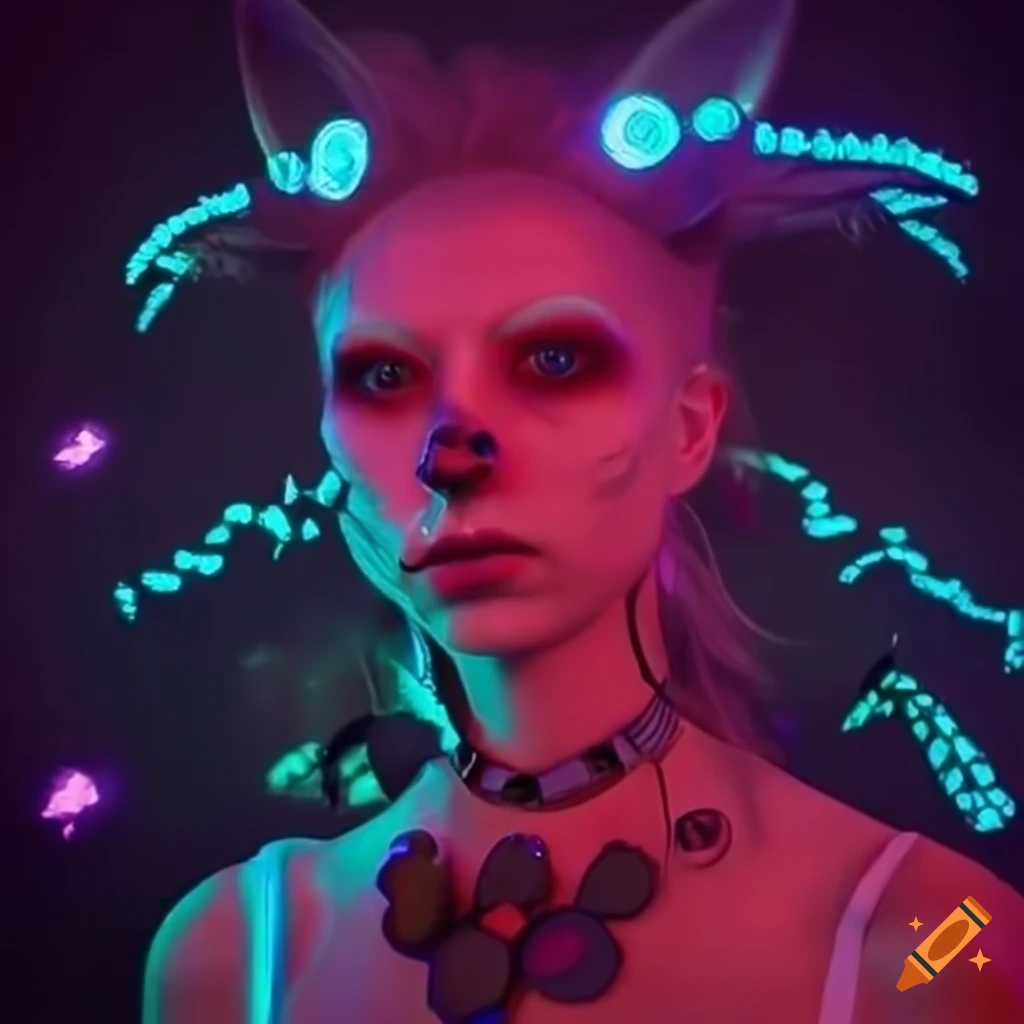 Biopunk cyborg fox goddesses in a neon-lit laboratory with flowers ...