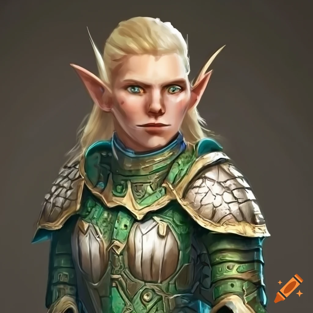 Elf general with orbs orbiting head in greenish armor and silver ...