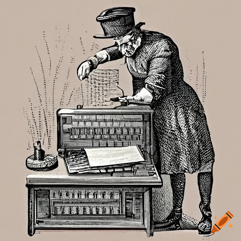 Victorian man using an old fashioned computer in a detailed woodcut ...