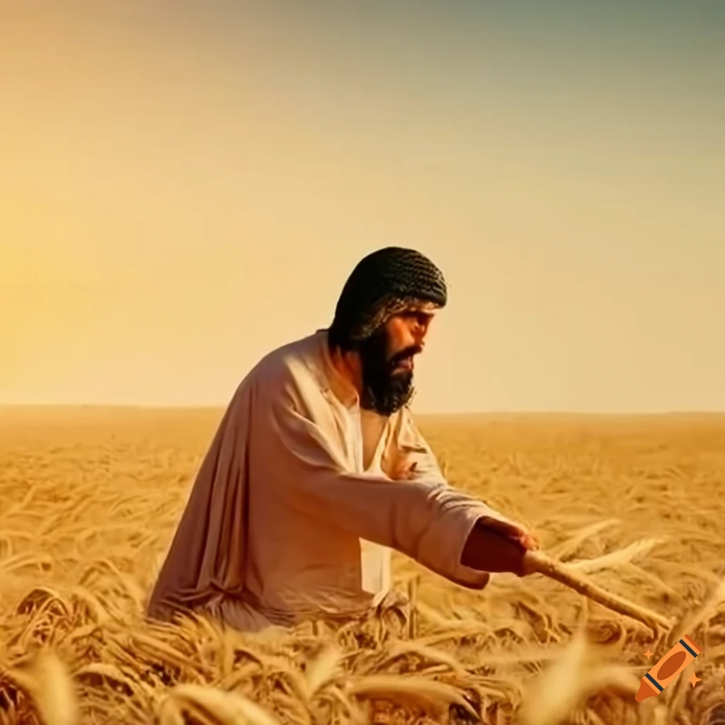 Arab farmer working in wheat fields with traditional attire and tools ...