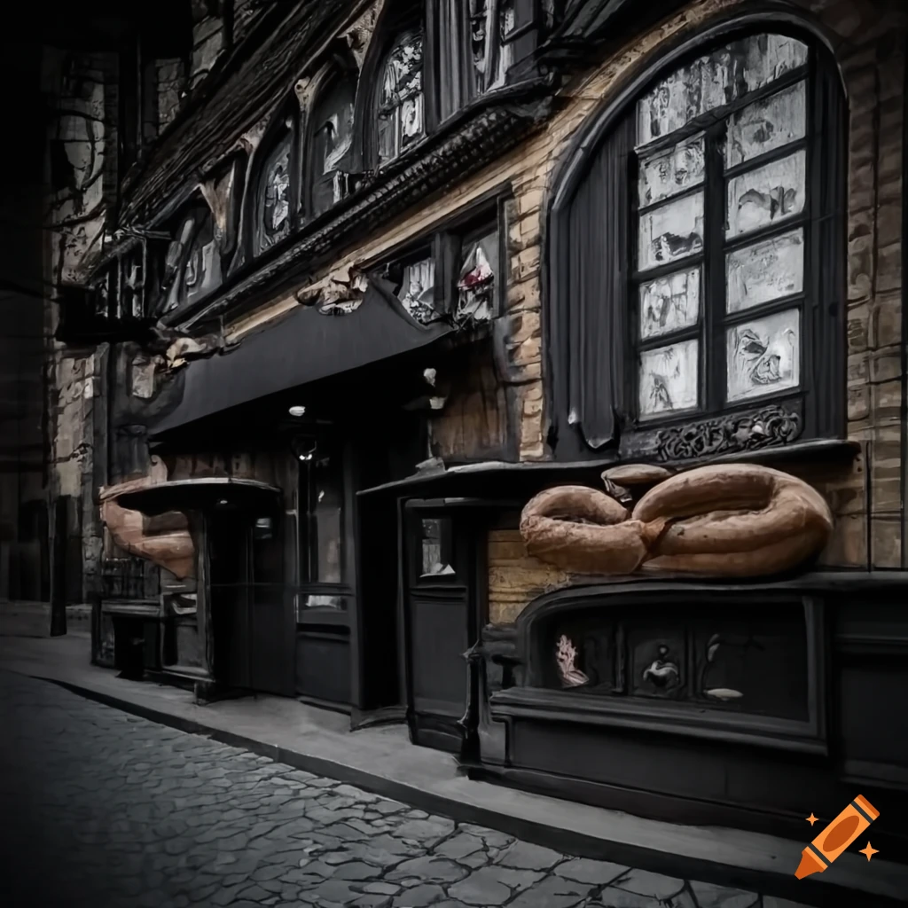 Exterior of a goth snake-themed restaurant with a dark ambiance on Craiyon