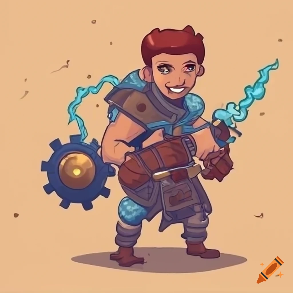 Cartoon style DnD scene with moving gears, glyphs, and lightning in a ...