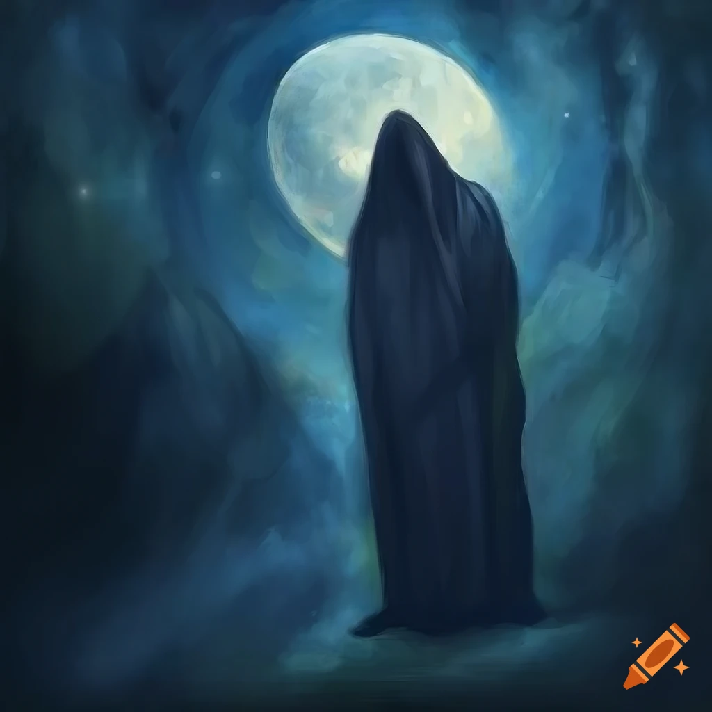 Symbolist style painting of a mysterious cloaked figure with stars in ...