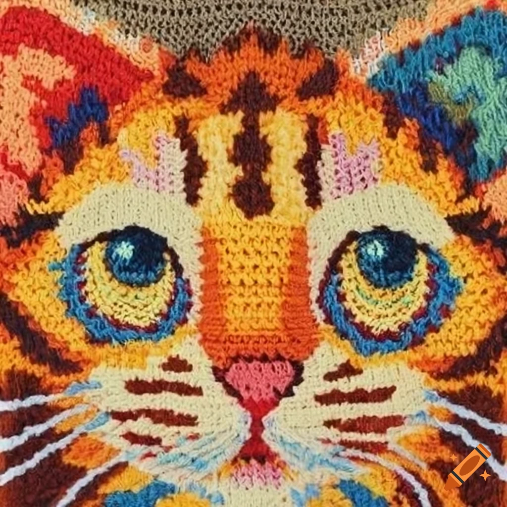 Louis wain style crochet cat tapestry in 6 colors on Craiyon