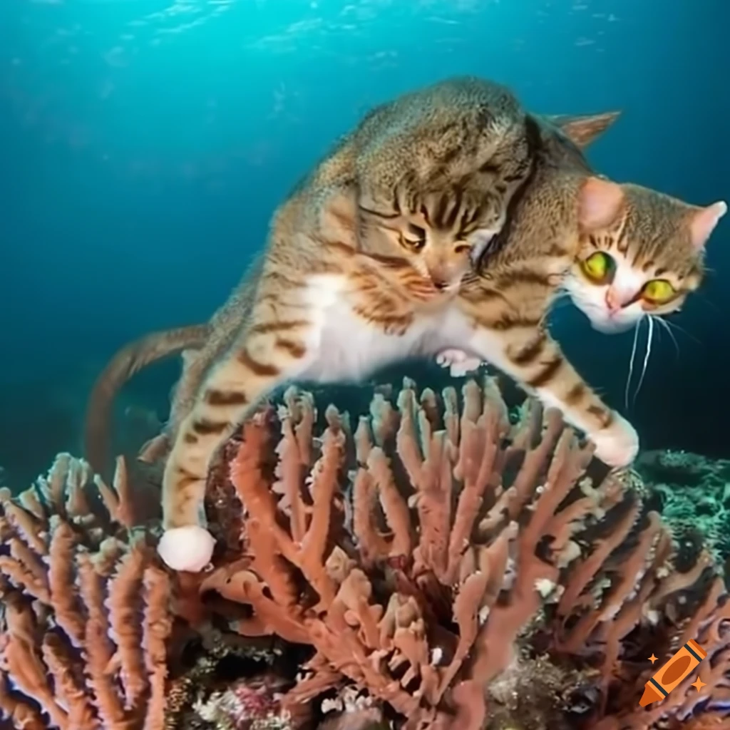 Cat with wings diving over coral reef on Craiyon