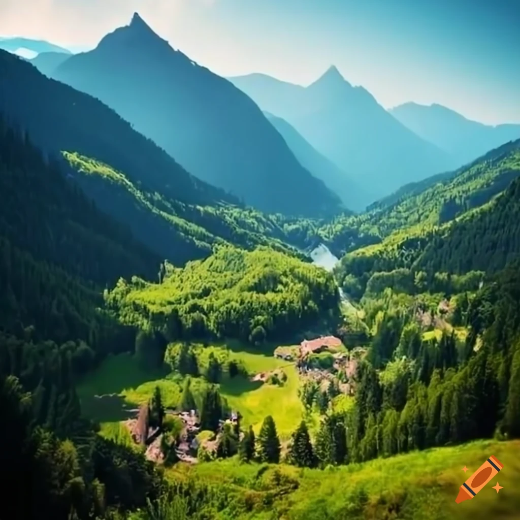 Small city nestled between mountains in harmony with nature and fauna ...