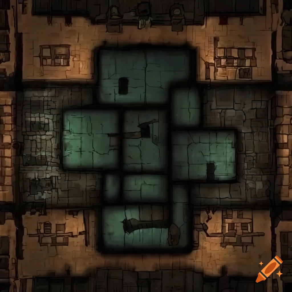 Dungeon map with corridor, tomb, treasure room, secret passages, and secondary rooms on Craiyon