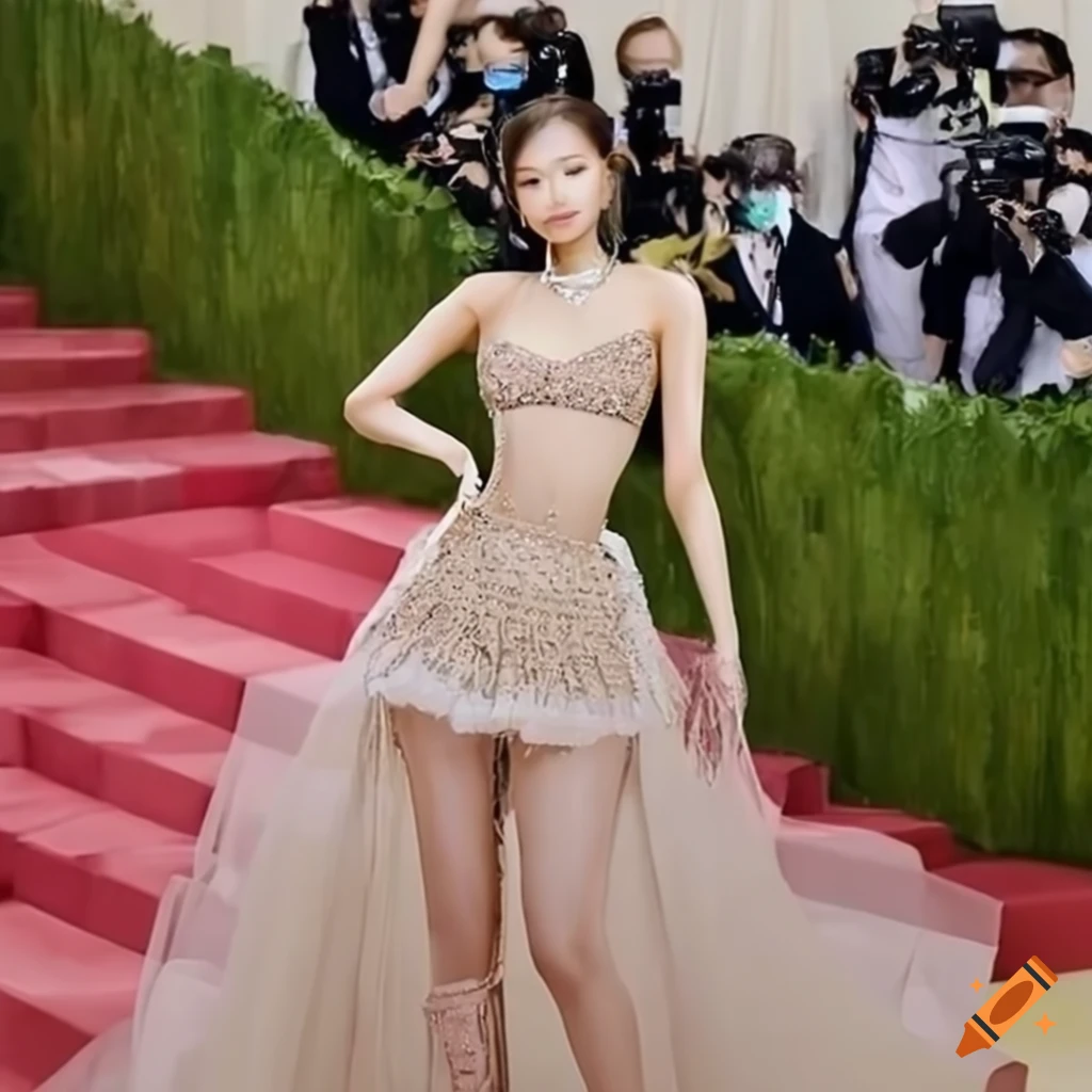 Blackpink Jennie in MET Gala beige and amber theme outfit on Craiyon
