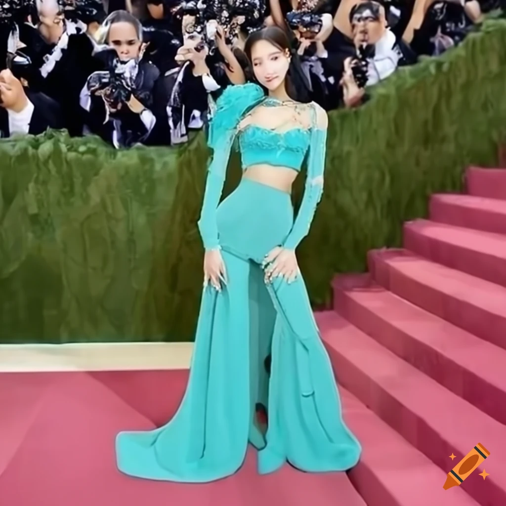 Outfit inspired by turquoise at met gala worn by blackpink's jennie on Craiyon