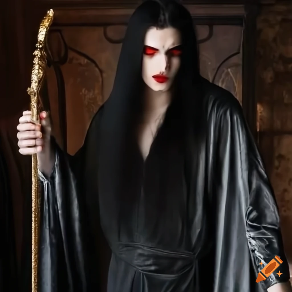 Young handsome vampire in silver robes with a scepter on a balcony on ...