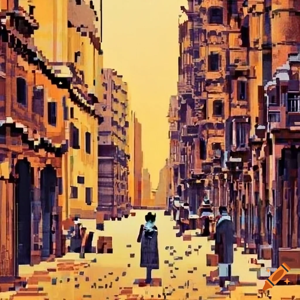 Cairo, Egypt during the English mandate era in pixel art style with vintage postcard aesthetic ...