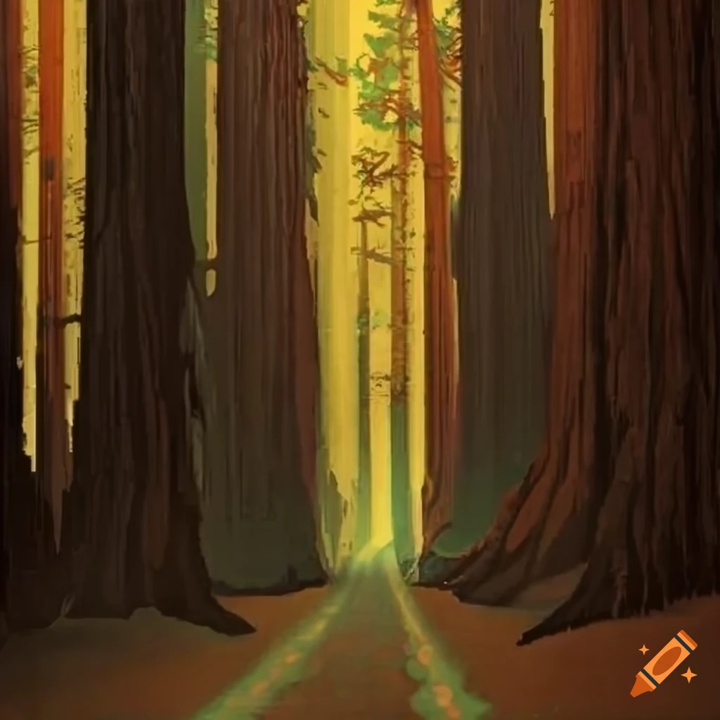 Pixel art of North California's redwoods in a vintage postcard style on ...