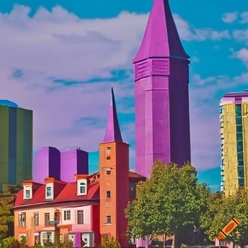 Bird view of a colorful vintage neighborhood with purple towers on a ...