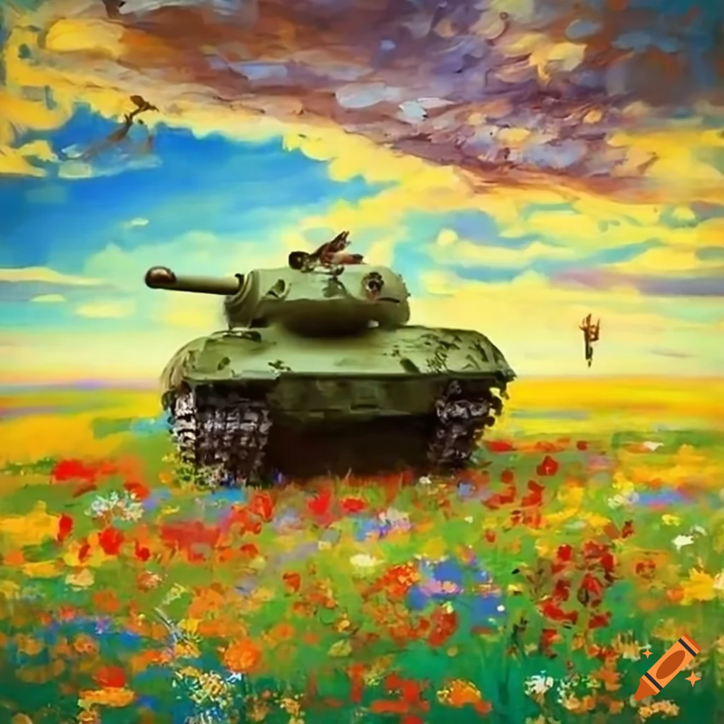 Tank driving through a meadow of flowers in a painting on Craiyon